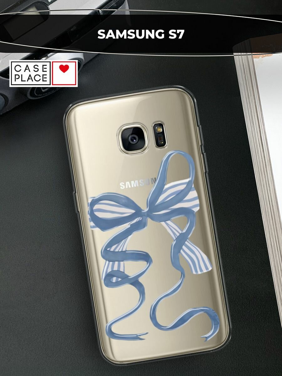 Чехол на Samsung Galaxy S7 / Самсунг Галакси С 7 с принтом "Полосатый голубой бант 2"