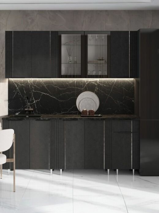 Кухонный гарнитур Виктория 2м пластер блек/корпус белый со столешницей миф