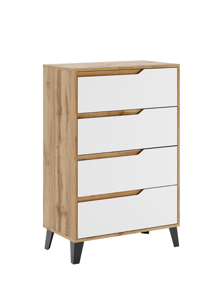 Комод с 4 ящиками и интегрированными ручками 700х390х1070, дуб вотан/белый
