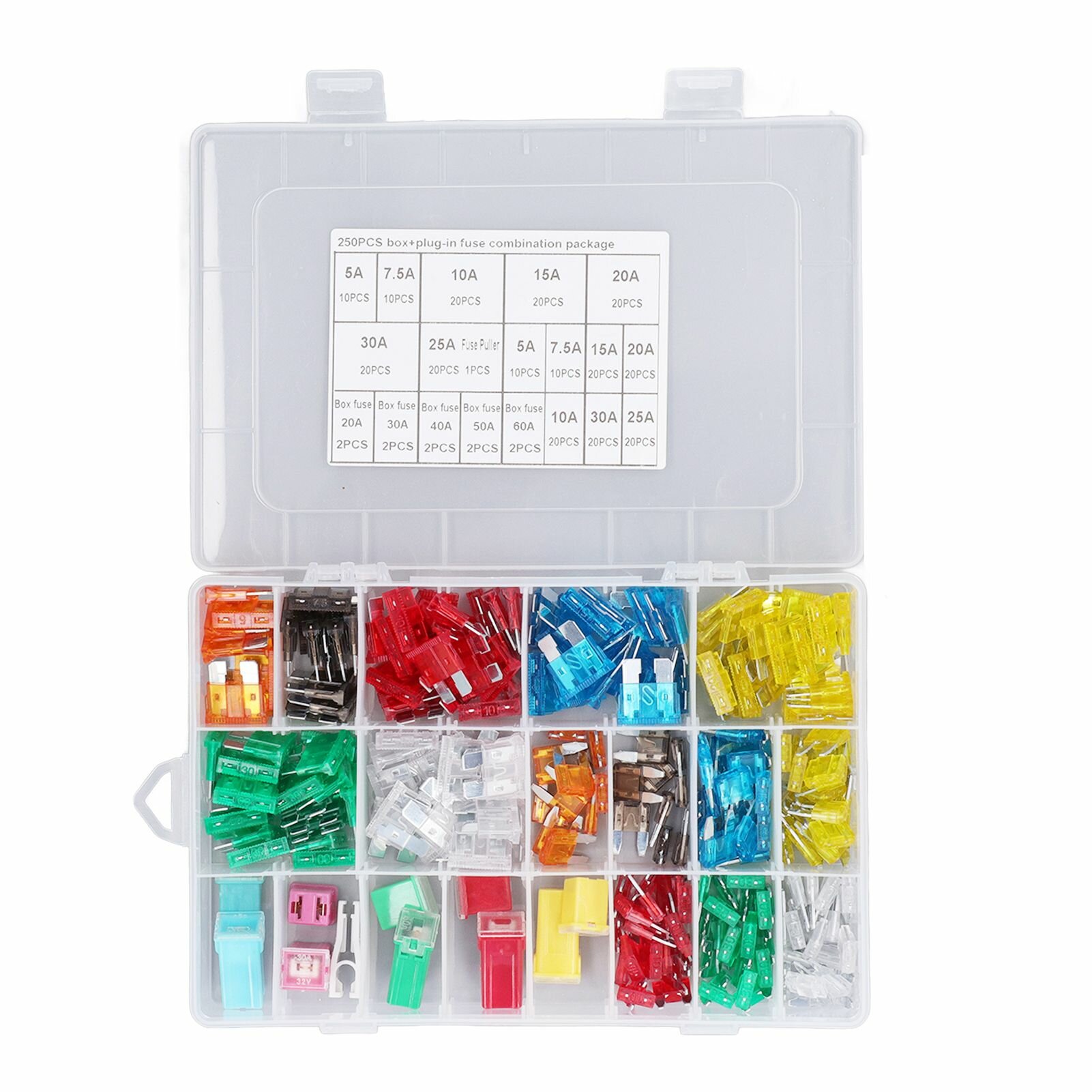 250 шт. Автомобильные предохранители. Высокочастотный комплект комбинированных автомобильных предохранителей в форме лезвия и коробки.