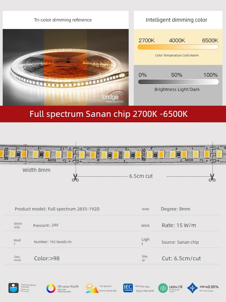 Полный спектр светодиодной ленты, 98 CRI, 15Вт/м, трицветная 2700К-6500К, самоклеящаяся, низковольтная