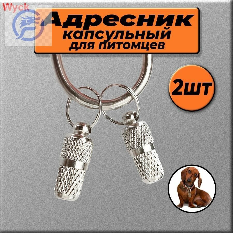 Адресник капсула на ошейник для собак, 2 шт, 2.2 х 0.8 см, никелированная латунь, бумажный вкладыш