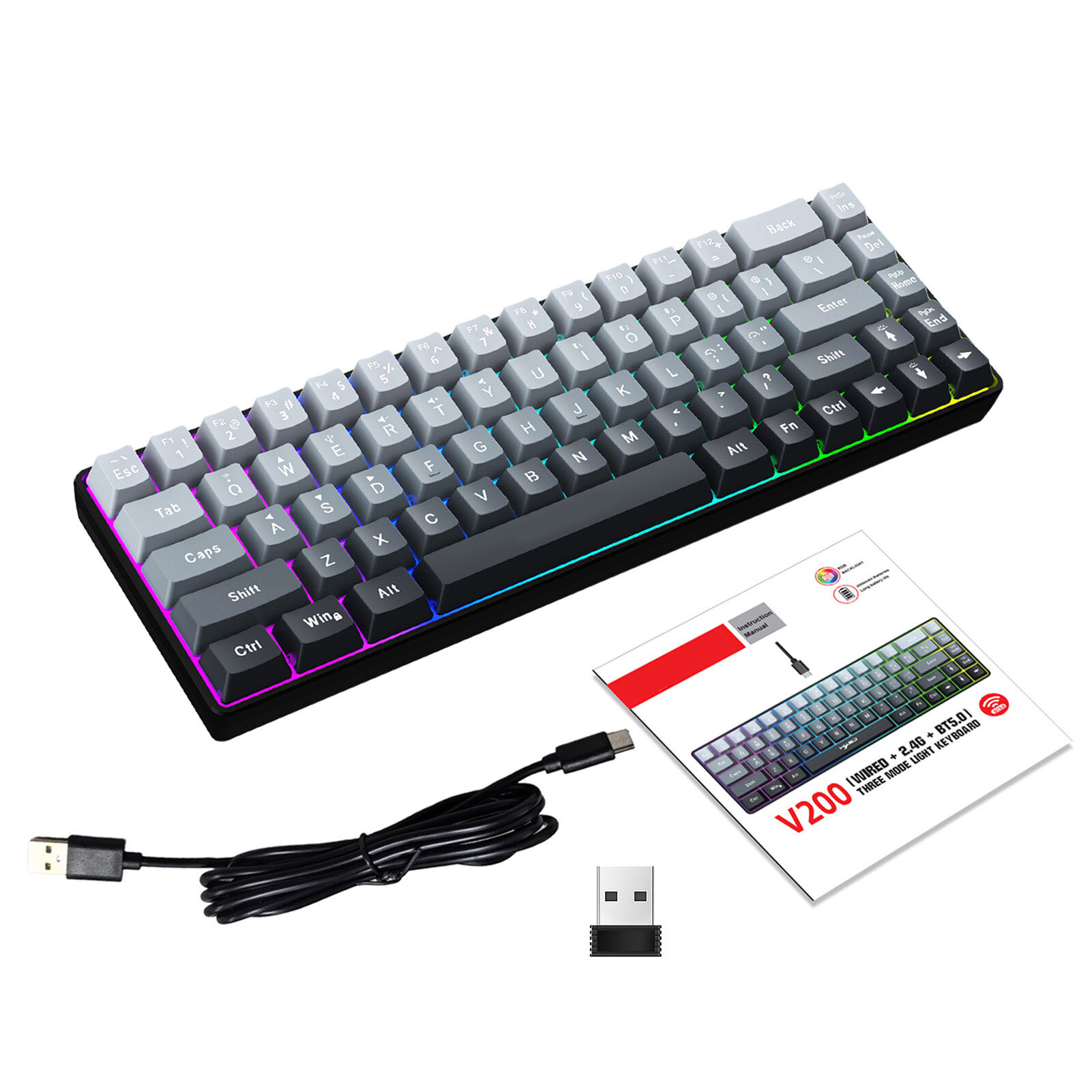 V200 68 Key RGB Gaming Keyboard with 3-Mode Connectivity Compatible for Multiple Devices