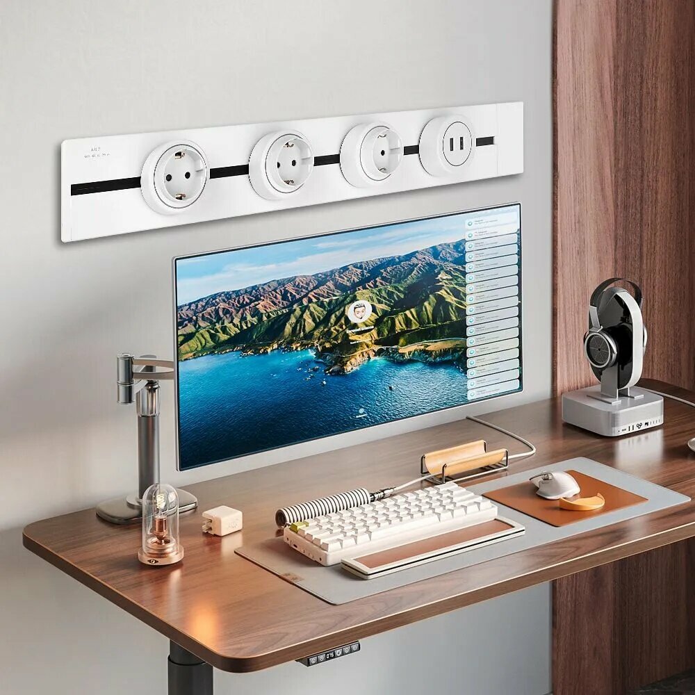 Трековая система, накладная металлическая шина 60 см + 3 евро розетки + 1 USB, белый , розетка-трек