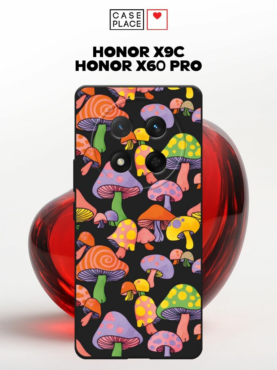 Черный матовый чехол на Honor X9C/X60 Pro / Хонор X9C/X60 Про с принтом Цветные грибы