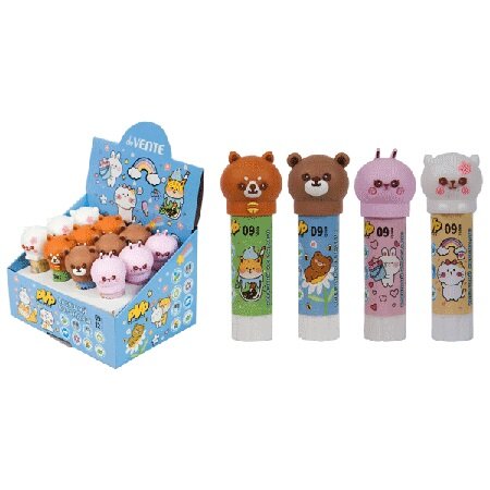 Клей-карандаш " deVente " Funny animal 9гр, основа PVP, быстросохнущий, с фигуркой на колпачке, 4 дизайна, 12 штук