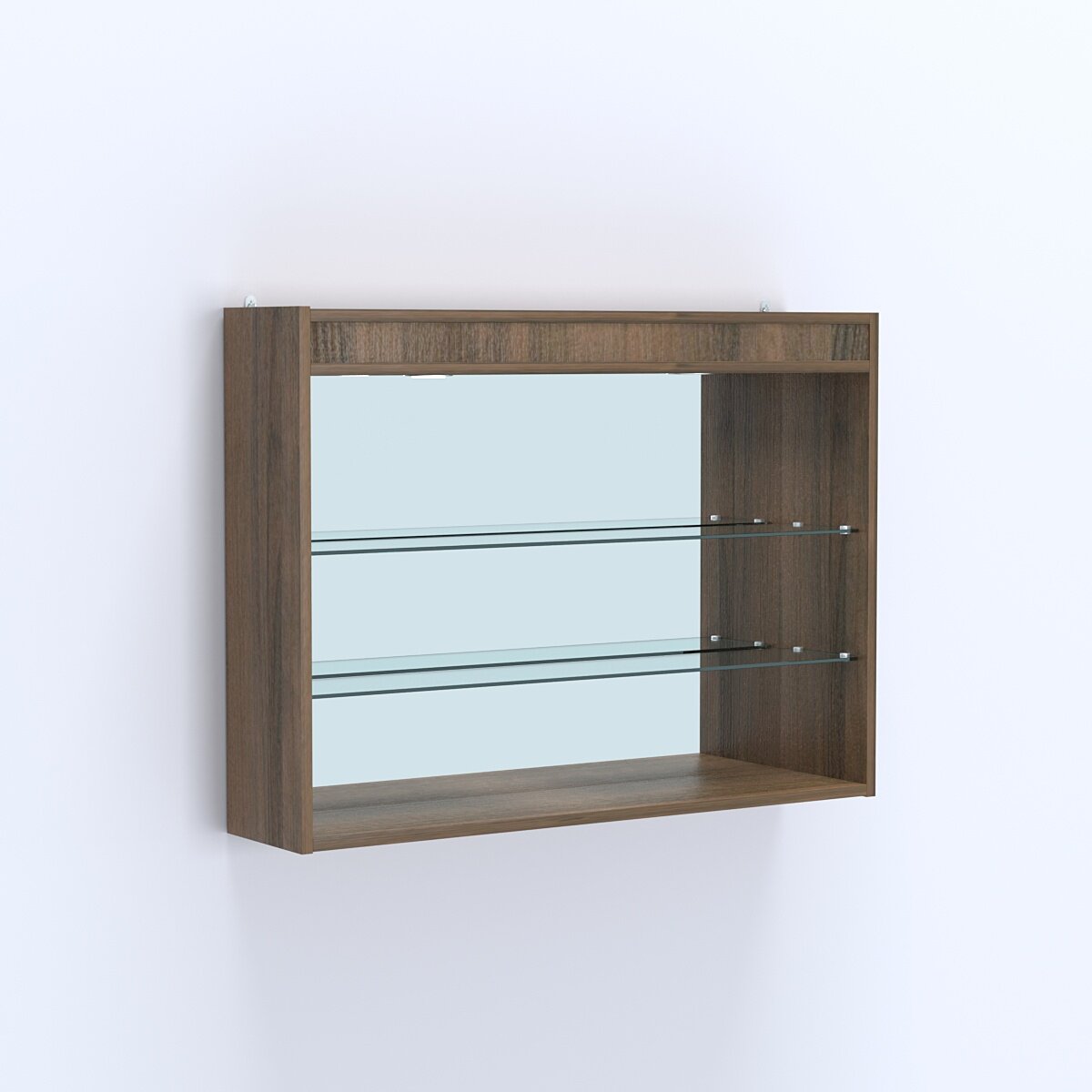 Витрина настенная №203-4Г зеркальная без дверей со стеклянными полками и верхней подсветкой, Орех