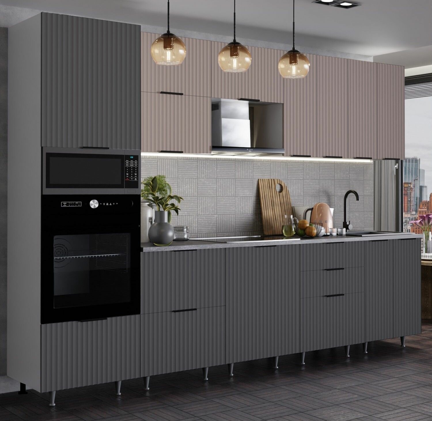 Кухонный гарнитур Турия 3,0 Роза Грей /Белый, модульный, МДФ