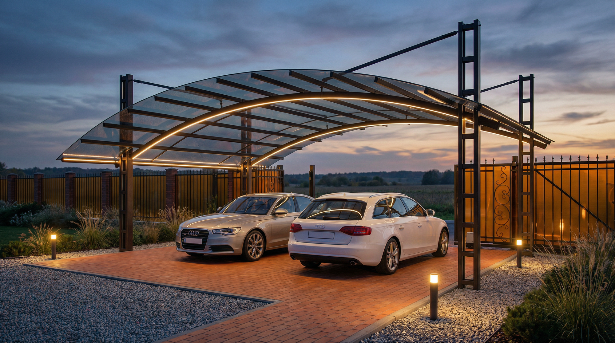 Автонавес консольный TEHNO ARL-С, поликарбонат входит в комплект, размер 7,6х6,1 м, цвет шоколад RAL 8017