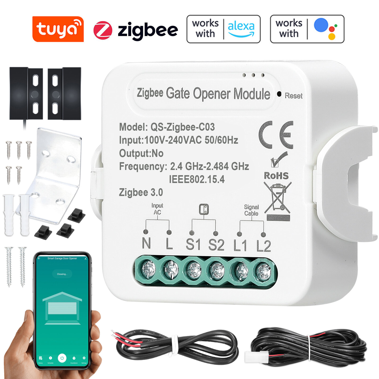 Интеллектуальный контроллер гаражных ворот Tuya ZigBee с дистанционным управлением через мобильное приложение, совместимый с голосовым помощником Alexa Home.