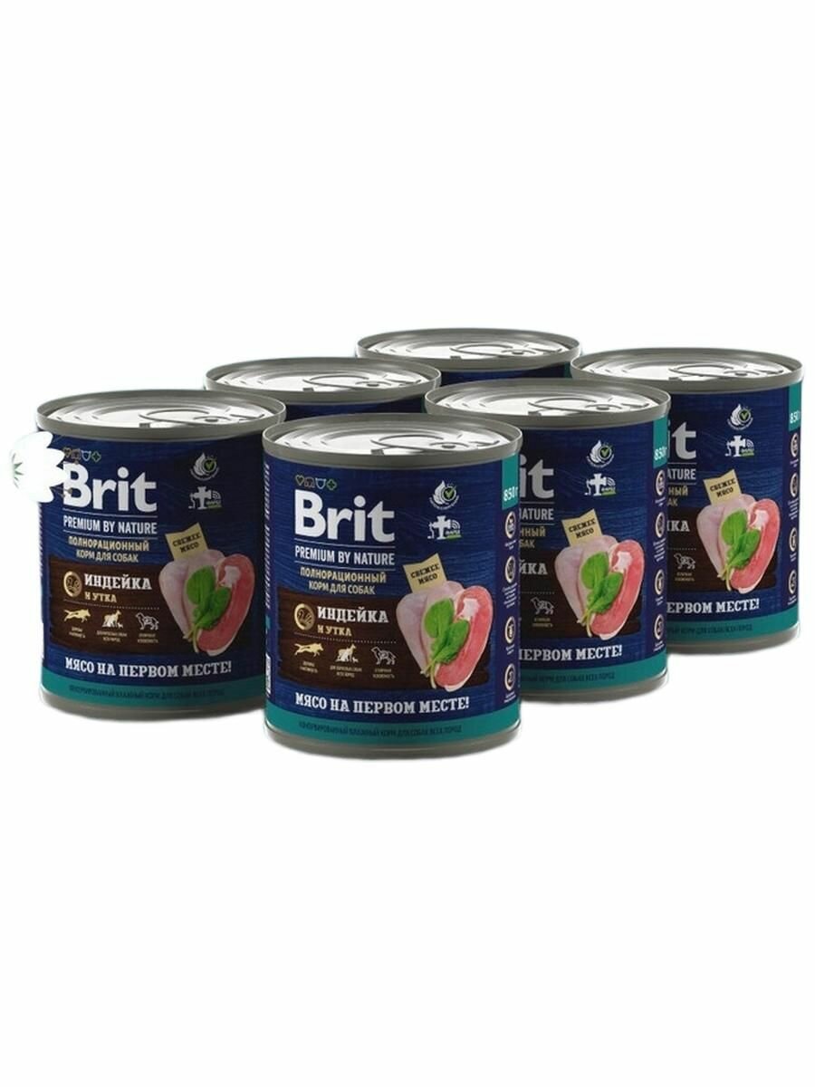 Консервы для собак Brit Premium by Nature паштетм с индейкой и уткой, 6 шт х 850 гр