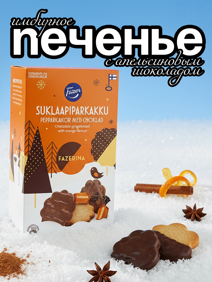 Имбирное печенье "Fazer" в апельсиновом шоколаде Fazerina, 175 г, без ГМО