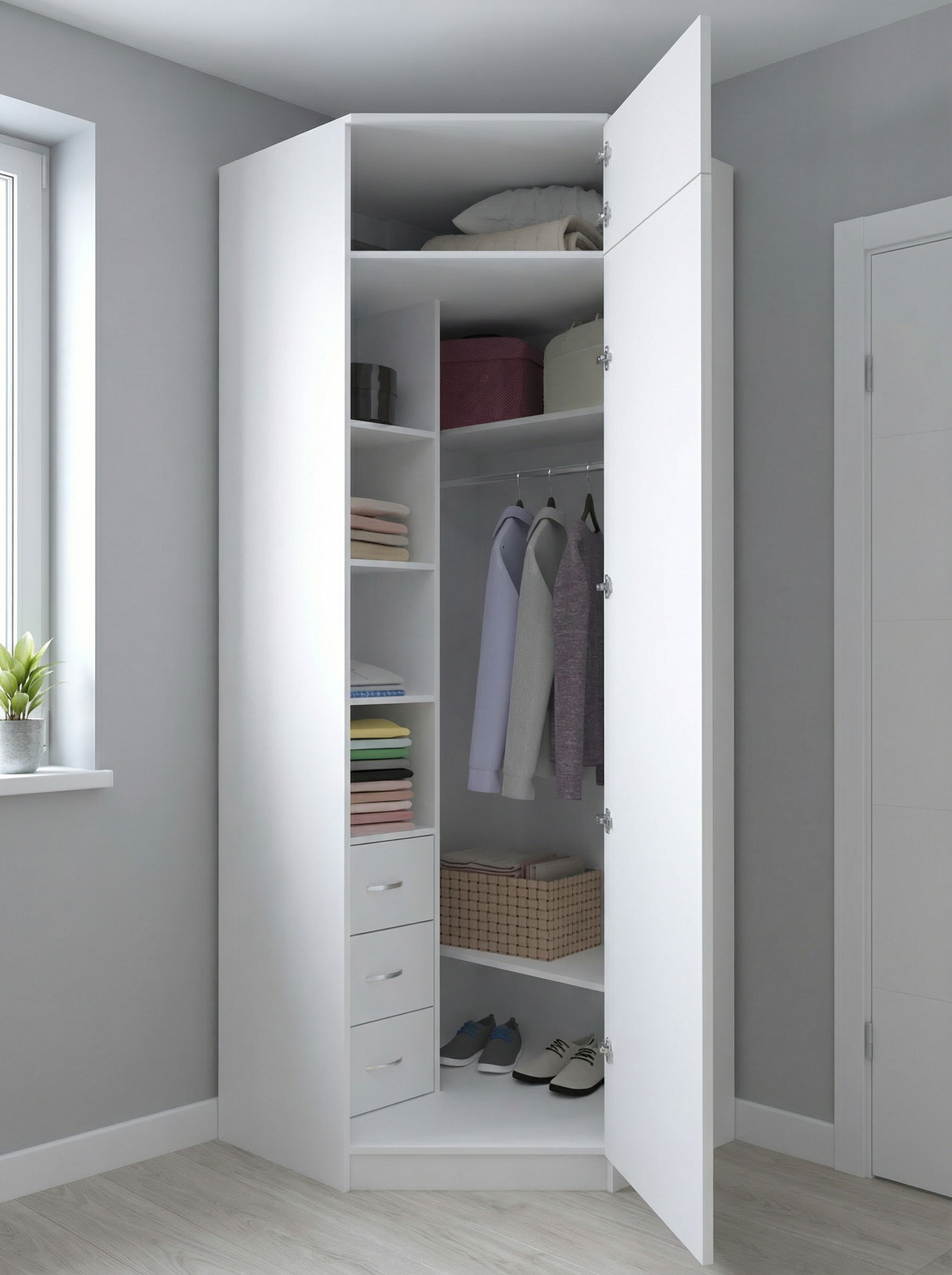 Шкаф угловой распашной Анри-12 с антресолью, 3 ящиками, 6 полками и штангой для вешалок, белый