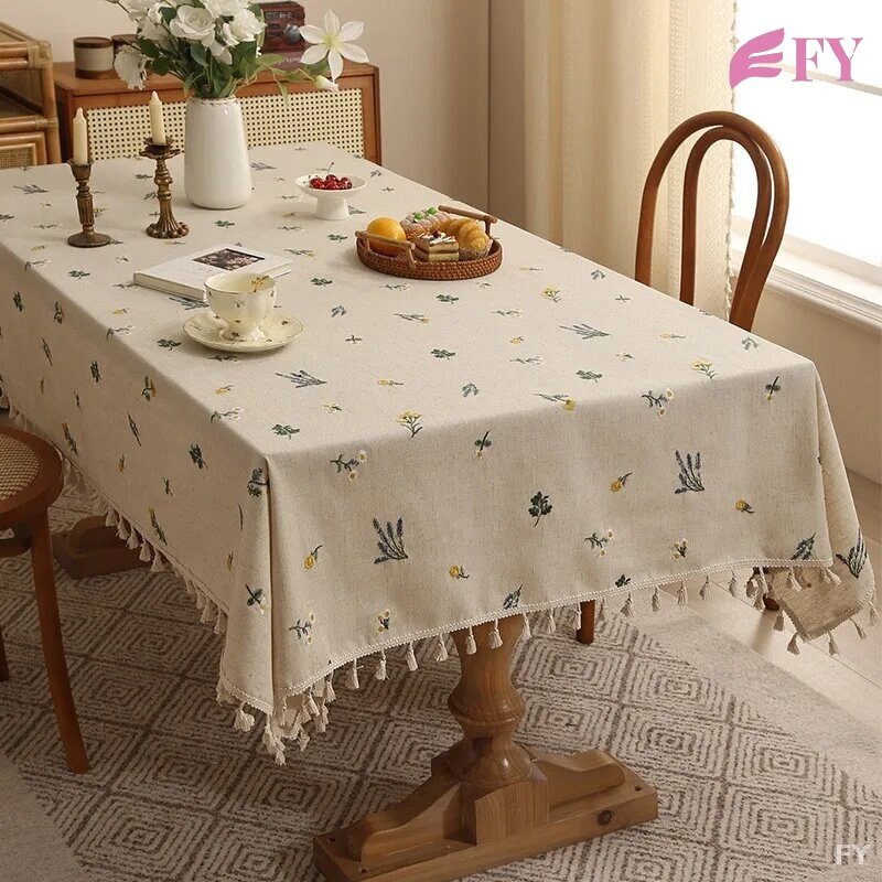 Льняная скатерть с вышивкой 135x135cm, lavender linen B Утолщенная скатерть для покрытия журнального столика