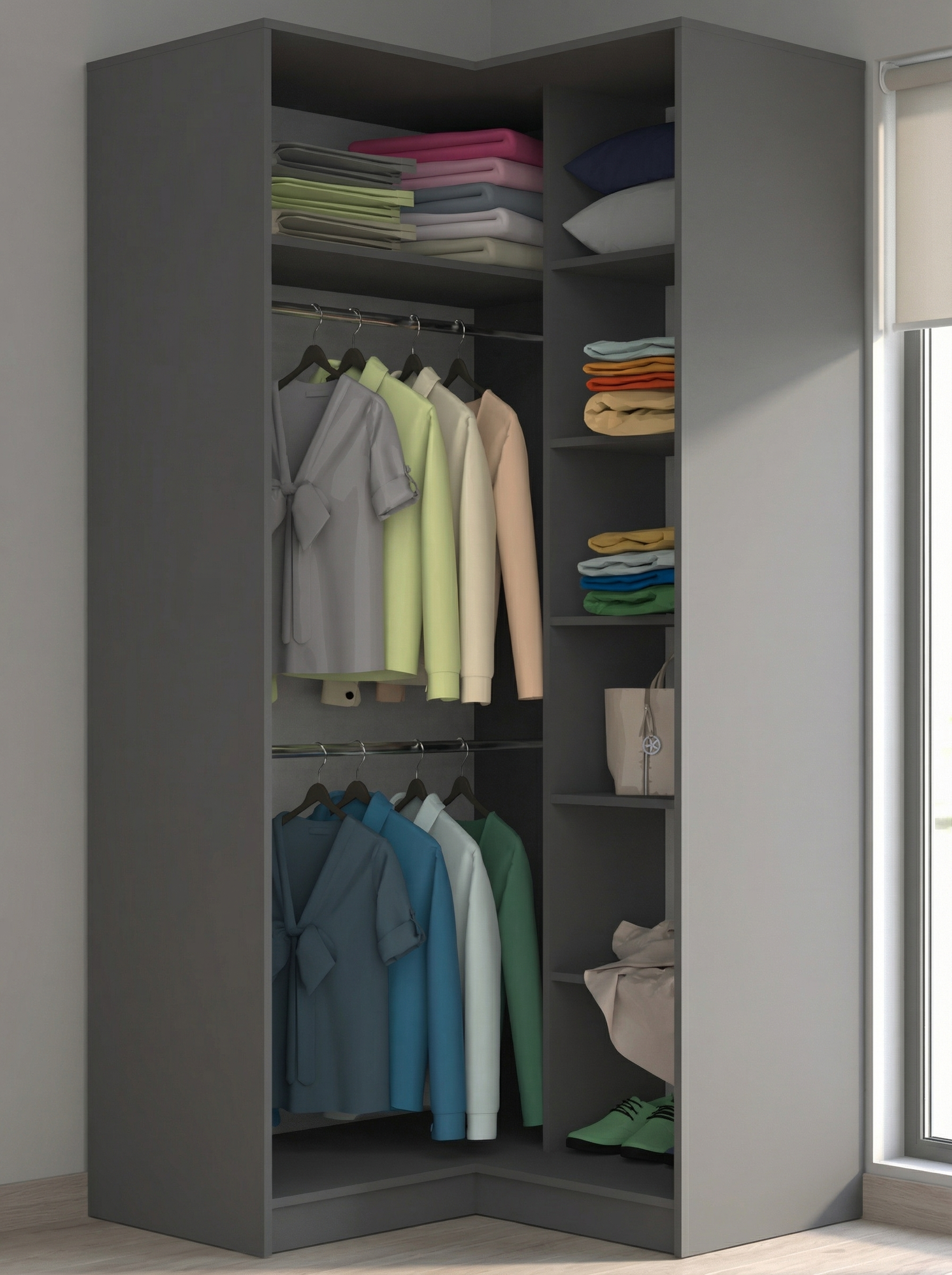 Открытый гардеробный угловой шкаф Макс-5 с 2 штангами для вешалок и 7 полками, ШхГхВ: 100х50х210 см, графит