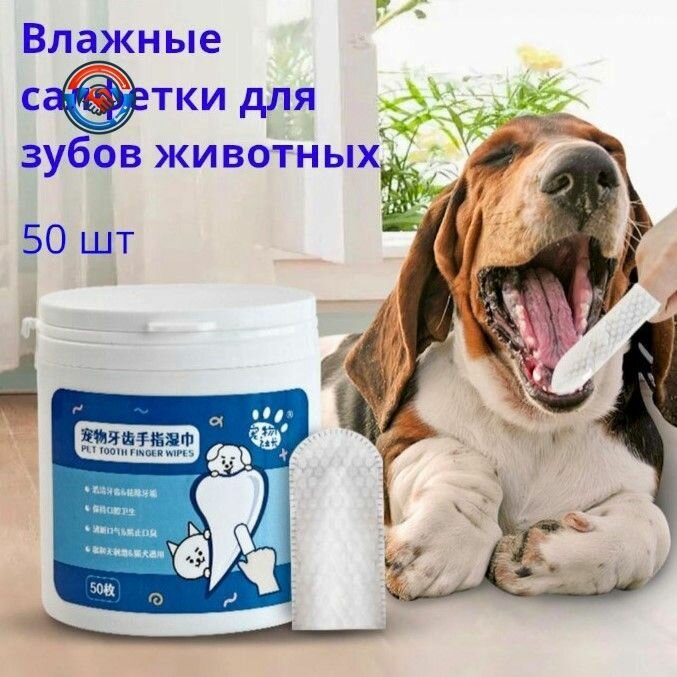 Влажные напальчниковые салфетки для чистки зубов собак и кошек, 50 шт в банке, гипоаллергенные с ромашкой и розмарином, уход за полостью рта питомца