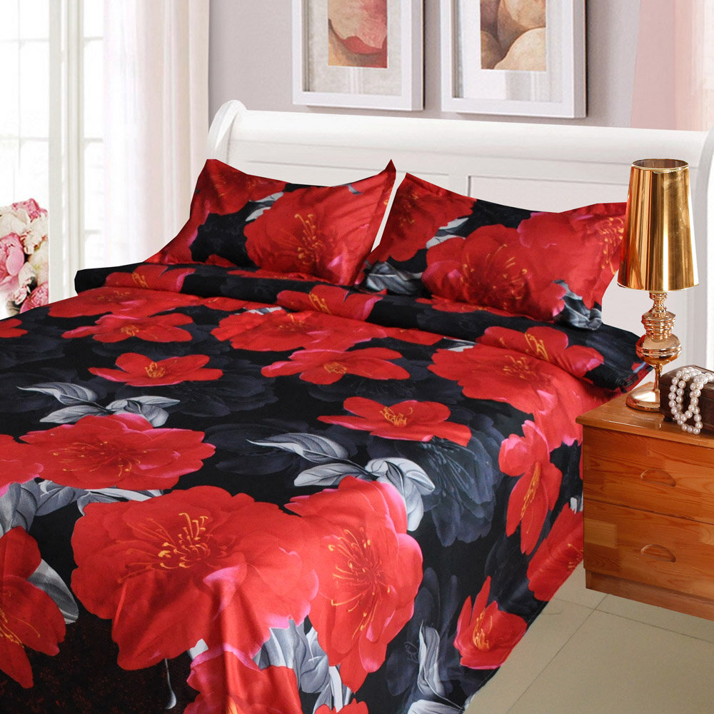 Набор постельного белья 3D печать с красным пионием, 4 штуки, королевский размер: чехол для одеяла, простыня, 2 подушкиные наволочки, Полиэстер, чехол 200*230 см, простыня 230*260 см, подушкиные наволочки 50*75 см, вес 1340 г, упаковка 32*28*6 см