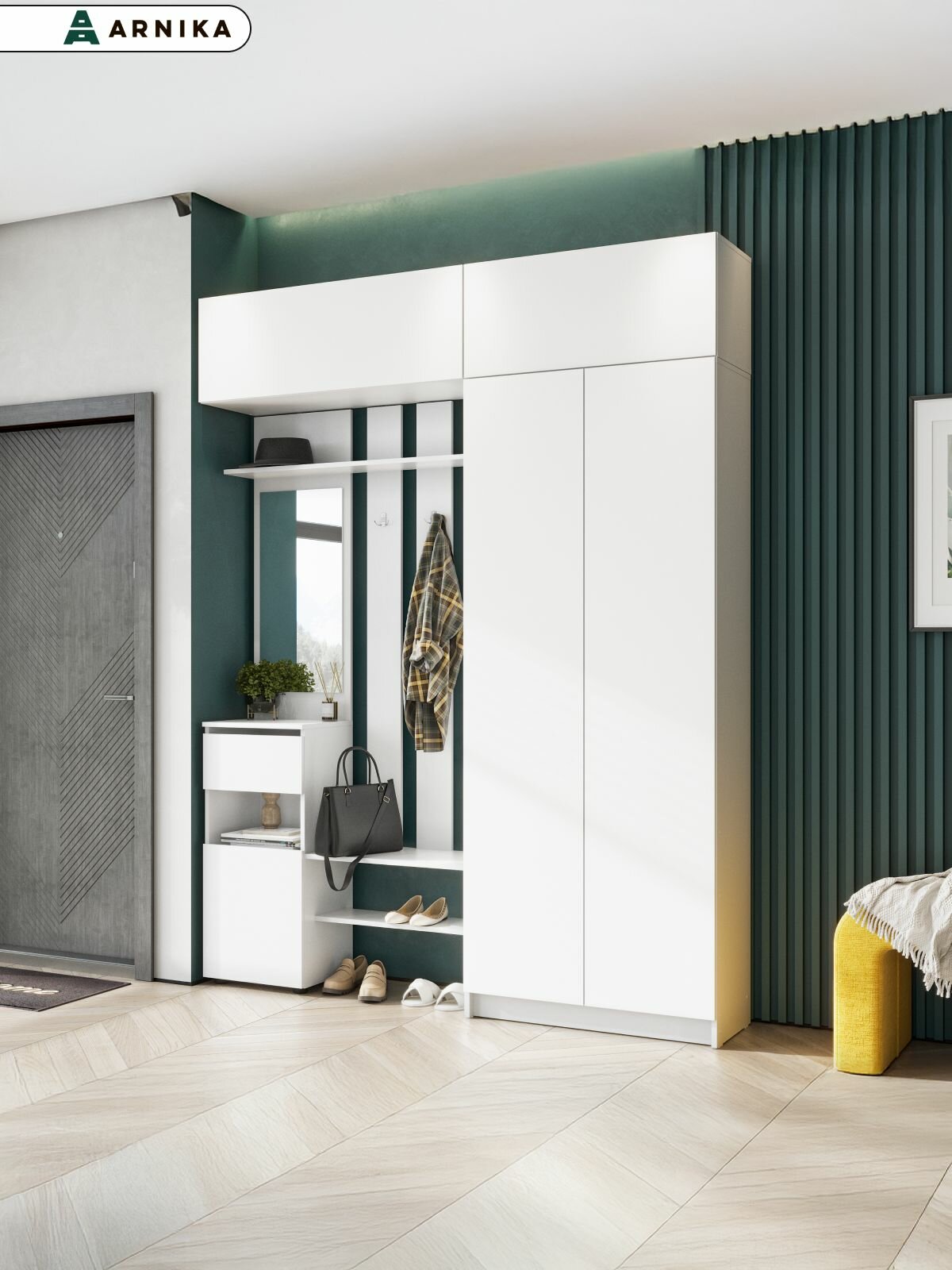 ARNIKA Прихожая Бали, вешалка с зеркалом, шкаф с антресолью 1,8м, белый