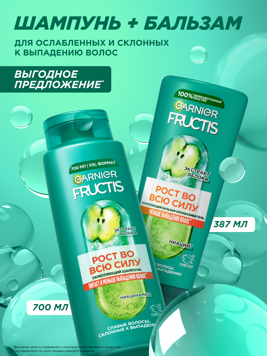 Набор Garnier Fructis Рост во всю Силу, Укрепляющий шампунь, 700 мл + Бальзам-ополаскиватель для ослабленных волос, склонных к выпадению, с экстрактом яблока и ниацином, 387 мл