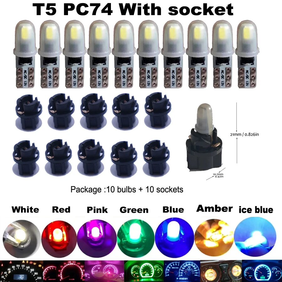 10 шт. T5 PC74 LED с цоколем, ледяной синий