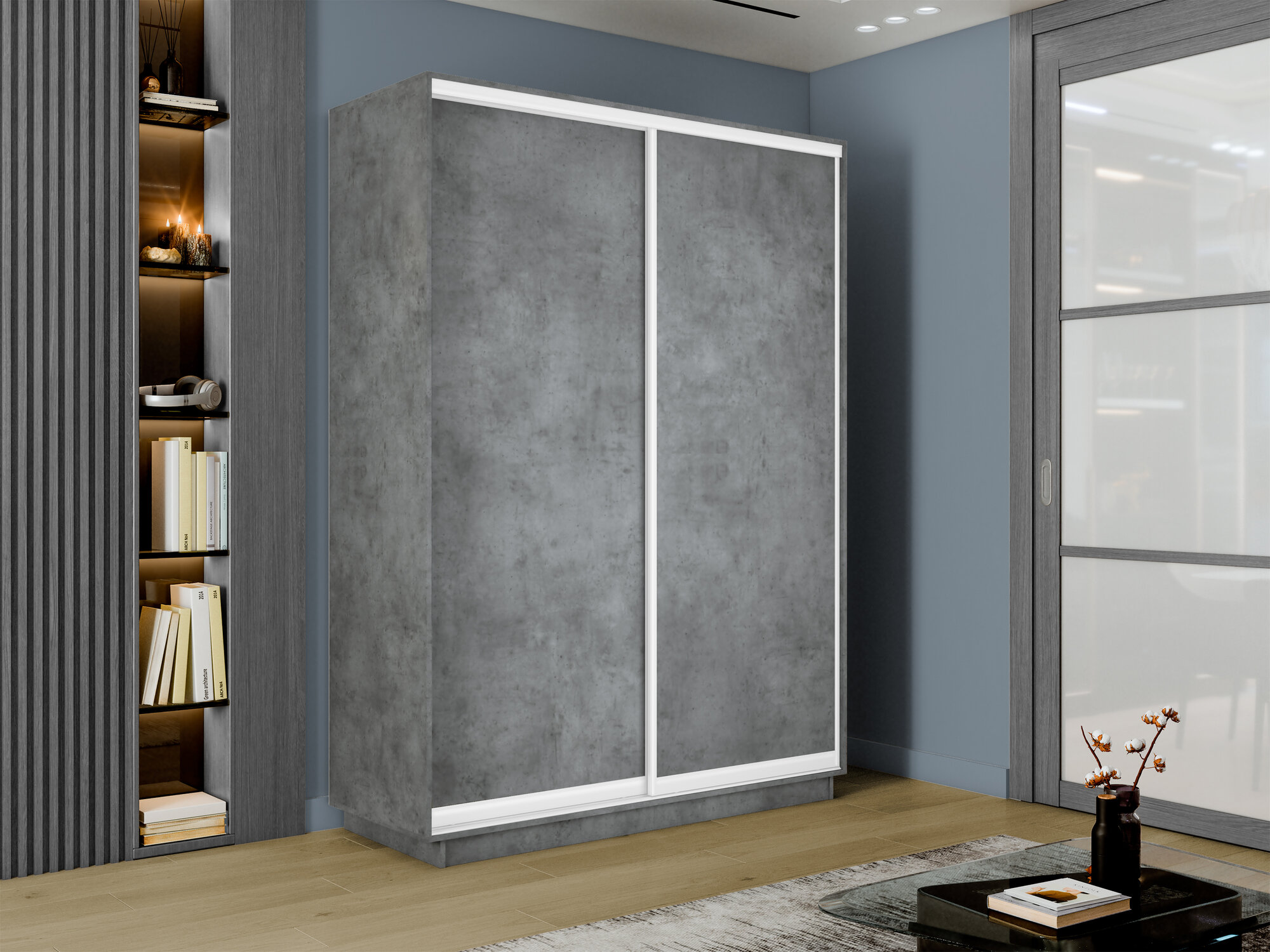 Шкаф купе Вилли Лайт 2-х дверный ЛДСП, профиль белый 120 см х 220 см х 60 см (Бетон)