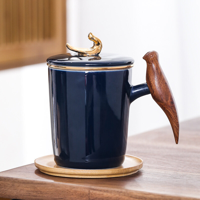 Позолоченная серебряная кружка, чайный набор, чашка для разделения чая и воды, вкладыш, фильтр, крышка, офисная кружка с деревянной ручкой, керамический подарок