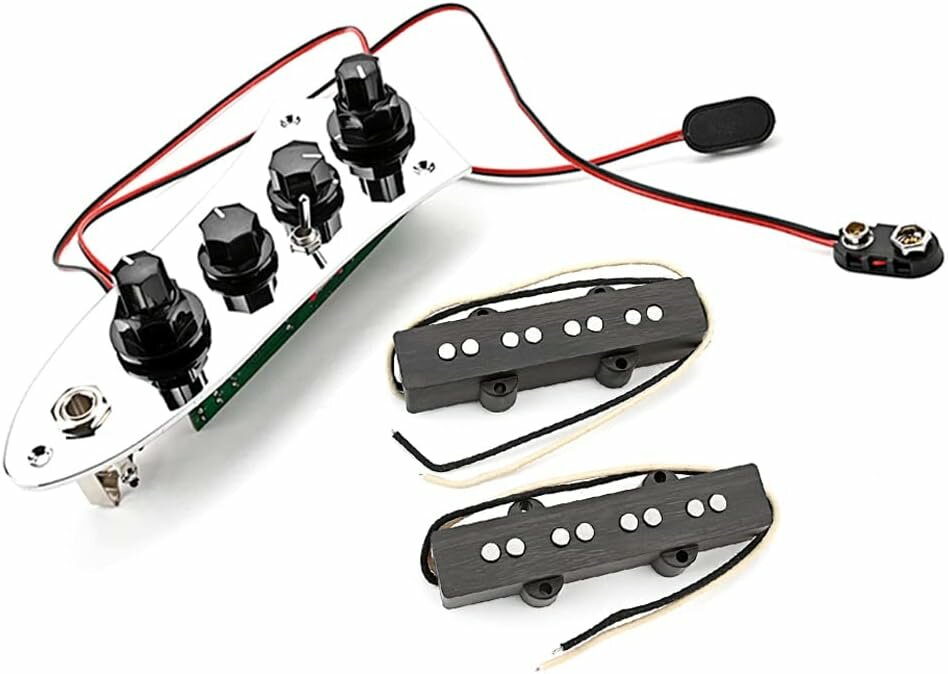 Набор предустановленных звукоснимателей для баса Jazz Bass, 5 звукоснимателя для баса Jazz Bass (шея/мост) и загруженная плата управления с черными ручками для 4-струнного музыкального инструмента Jazz Bass, материал металл/пластик, магнит Alnico V