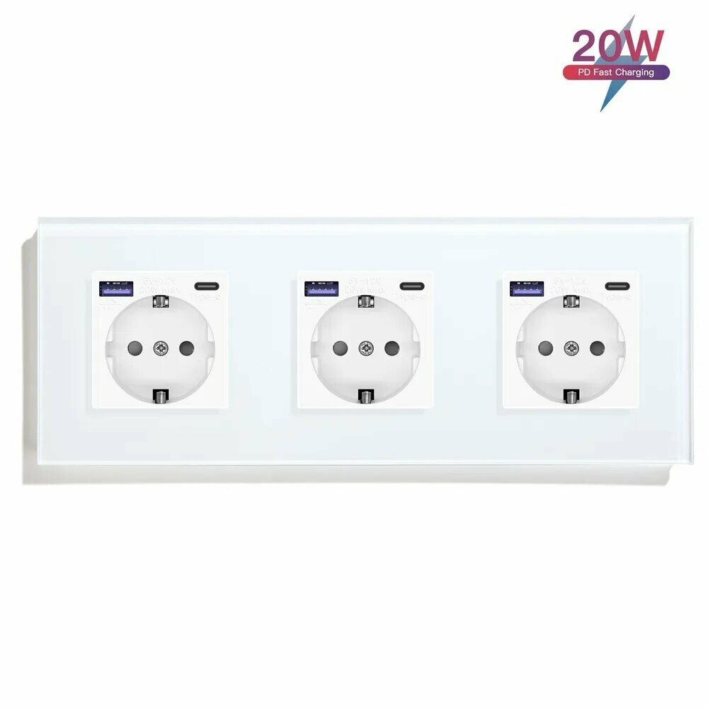 Розетка электрическая тройная с USB и type-C входами, быстрая зарядка 20W, рамка закаленное стекло Белая