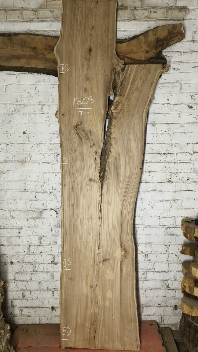 Слэб дерева Карагач К203, высота 260 см, толщина 4 см, выровнен в плоскости