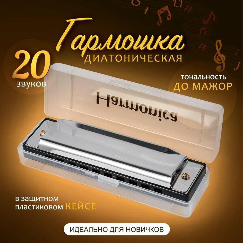 Губная гармошка, тональность С. Диатоническая музыкальная гармонь + кейс для хранения. 20 звуков. Размер 10.4х2.8 см.552