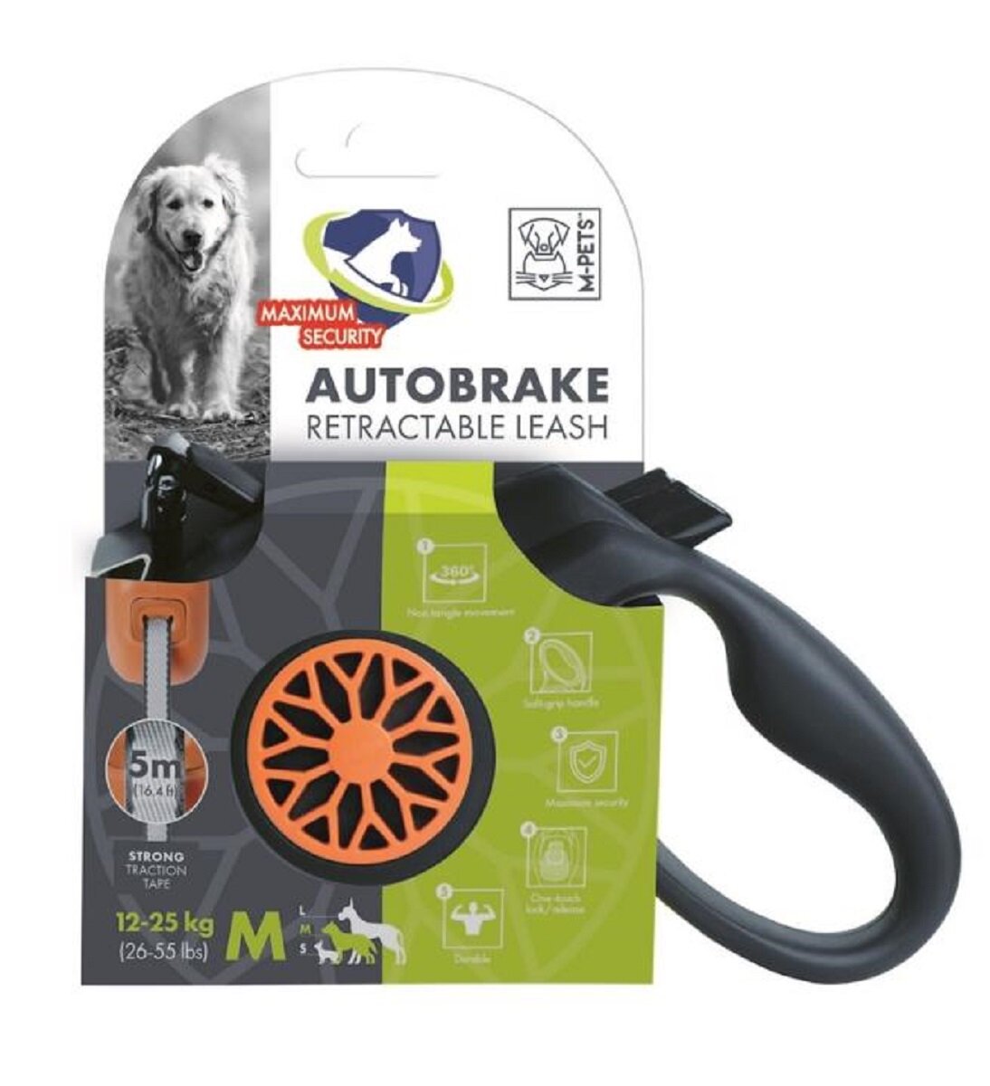 M-PETS Поводок-рулетка с автотормозом 5 м, до 25 кг, 16,5*12*6 см, оранжевый