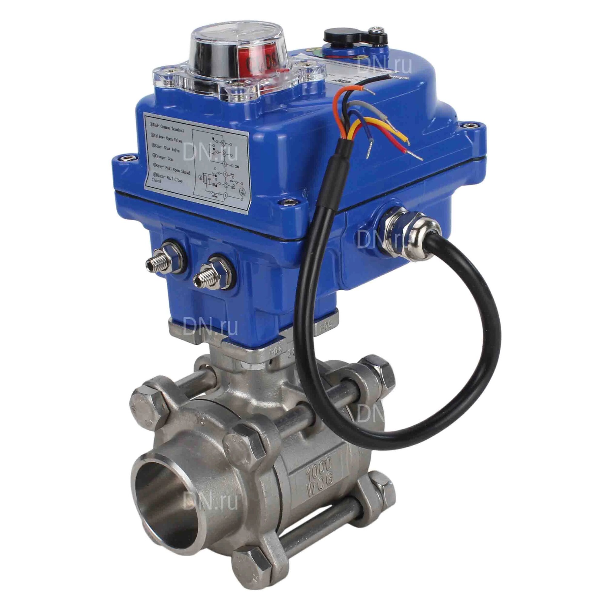 Кран шаровой DN.ru кшпп 316.200-ISO Ду15 Ру63 полнопроходной двухходовой, нержавеющая сталь SS316, под приварку, уплотнение - PTFE, с 1/4-оборотным электроприводом DN. ru 003 blue 220В