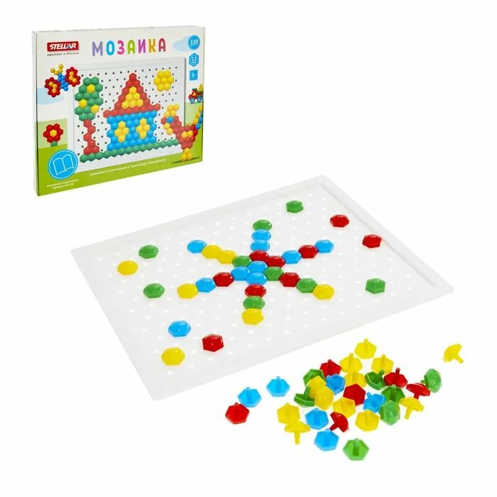 Развивающая игра мозаика детская шестигранная со схемами (диаметр 13 мм, 110 фишек), Стеллар