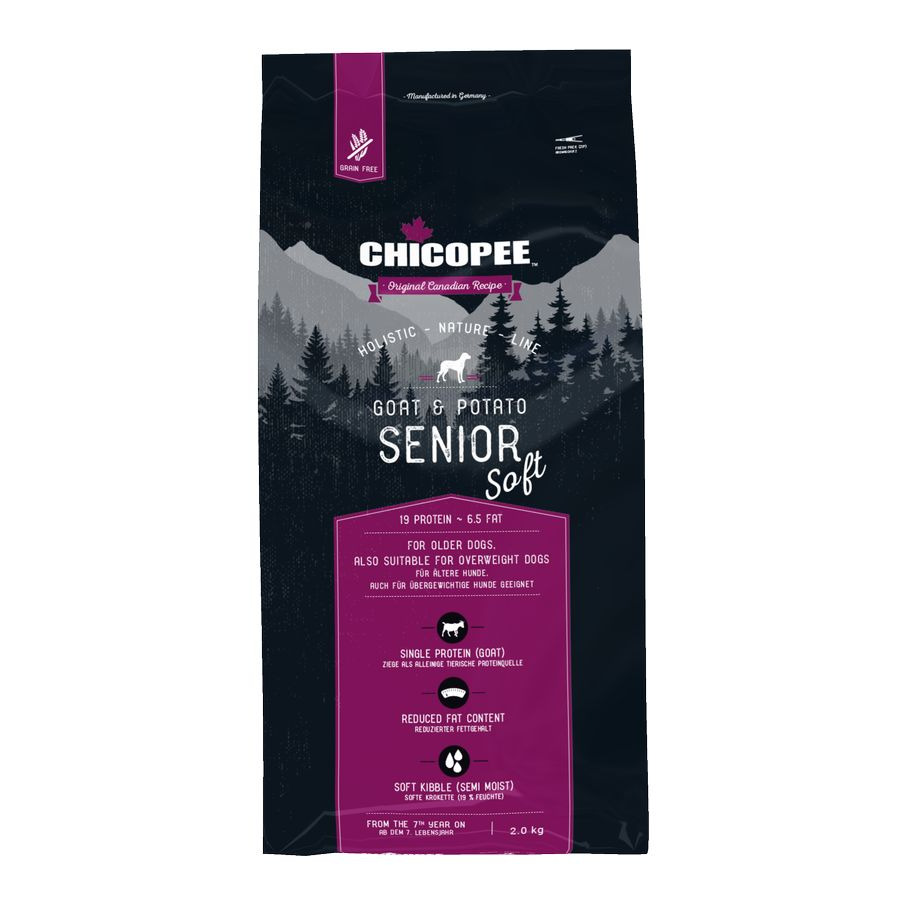 Сухой корм для пожилых собак Chicopee HNL Soft, для животных с излишним весом, с мясом козы и картофелем 2 кг