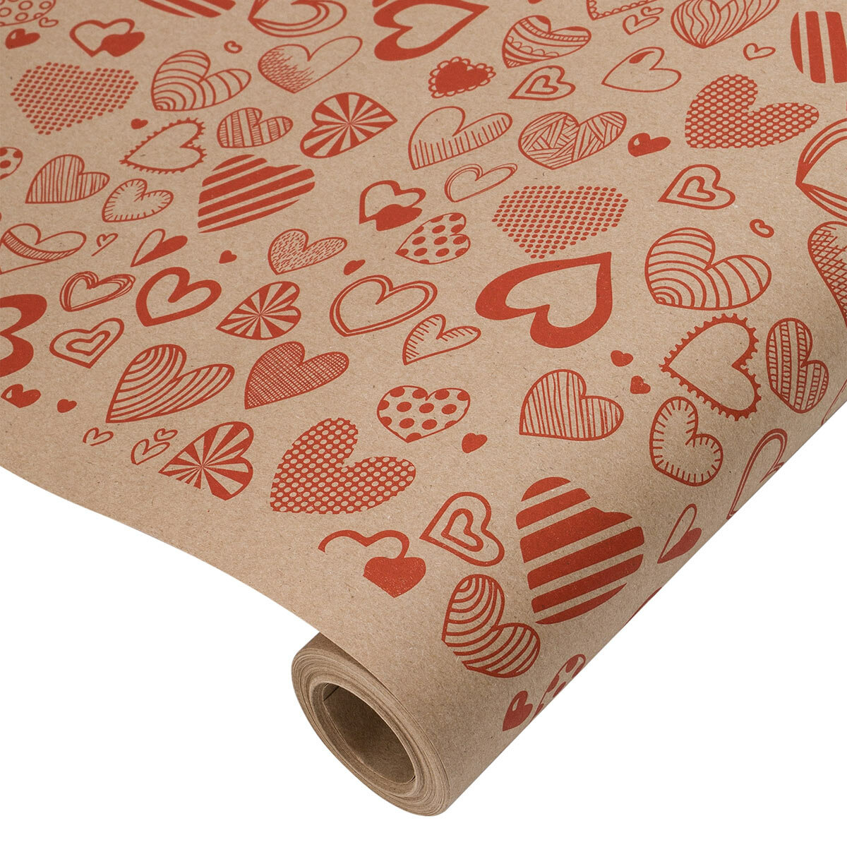 Крафт бумага Сердечное ассорти красный на коричневом фоне, 720мм/60гр/10м +/- 5%