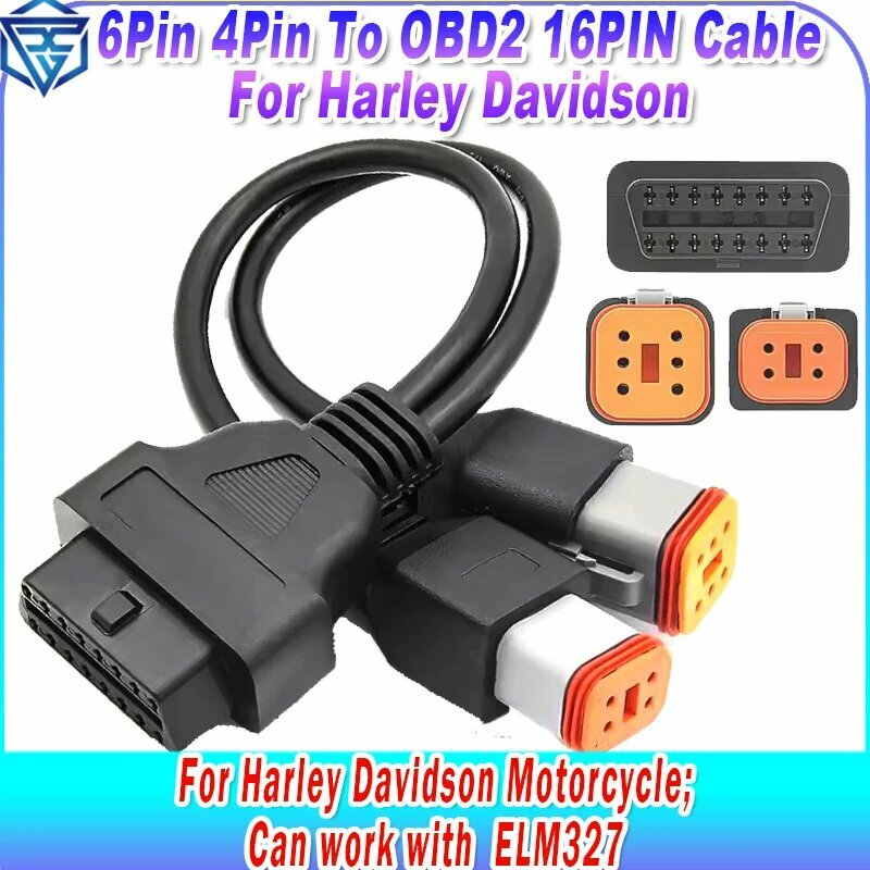 Для мотоцикла Harley Davidson 6Pin 4Pin к OBD2 16PIN, подходит для ELM327 OBD 2, адаптер диагностического сканера, инструмент, удлинитель «два в одном», Черный