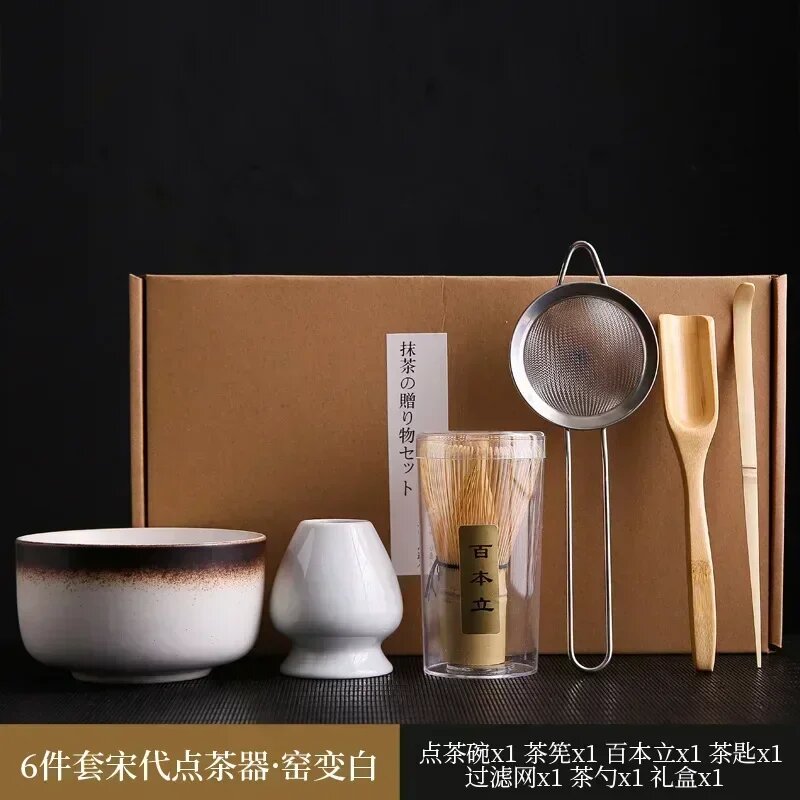 Керамическая чаша для матчи с ситечком, бамбуковый венчик и ложка, набор для церемонии матчи 6pcs with box