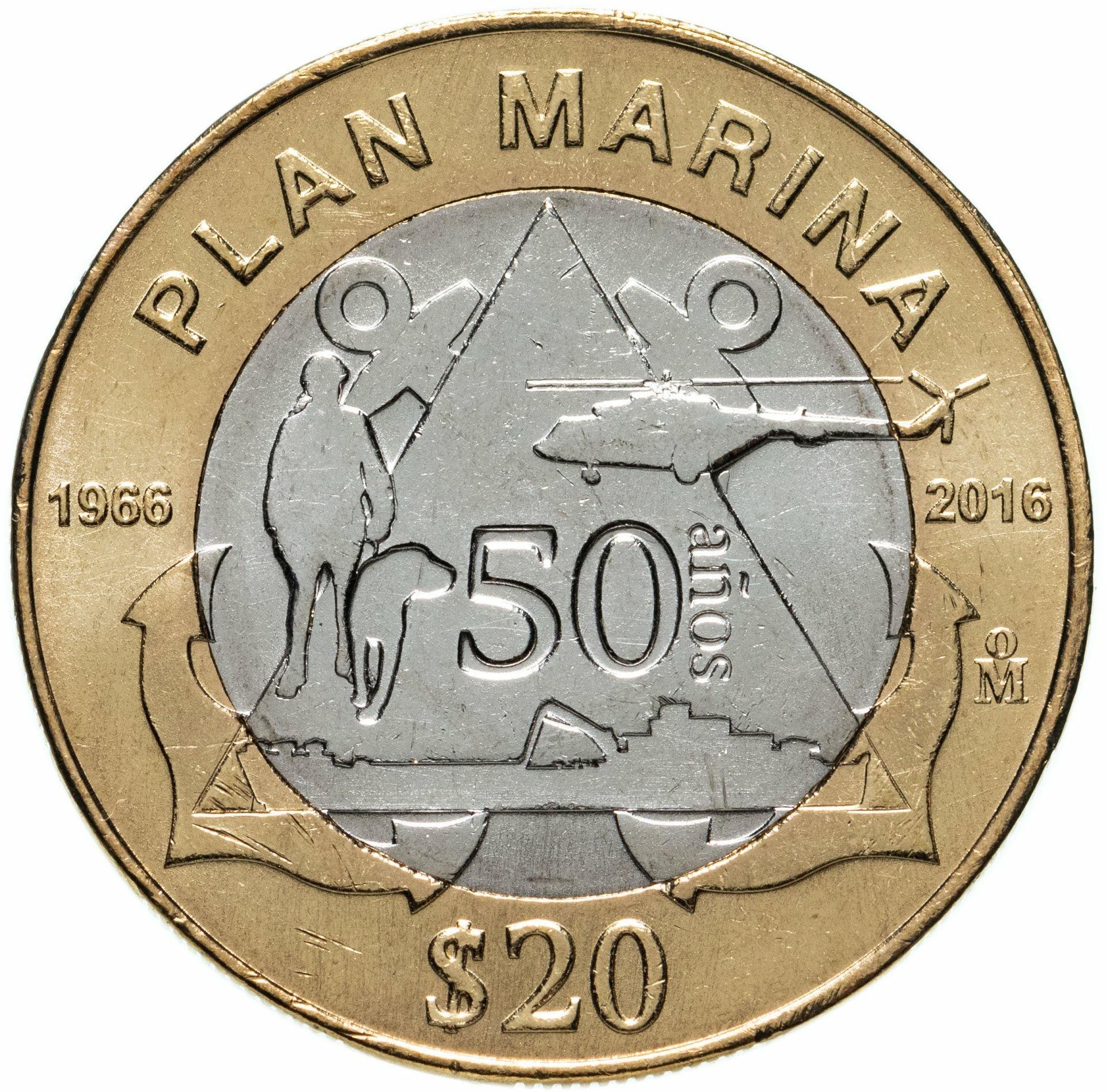 Мексика 20 песо pesos 2016 "50 лет Плану ВМФ Марина", Биметалл, в сохранности UNC