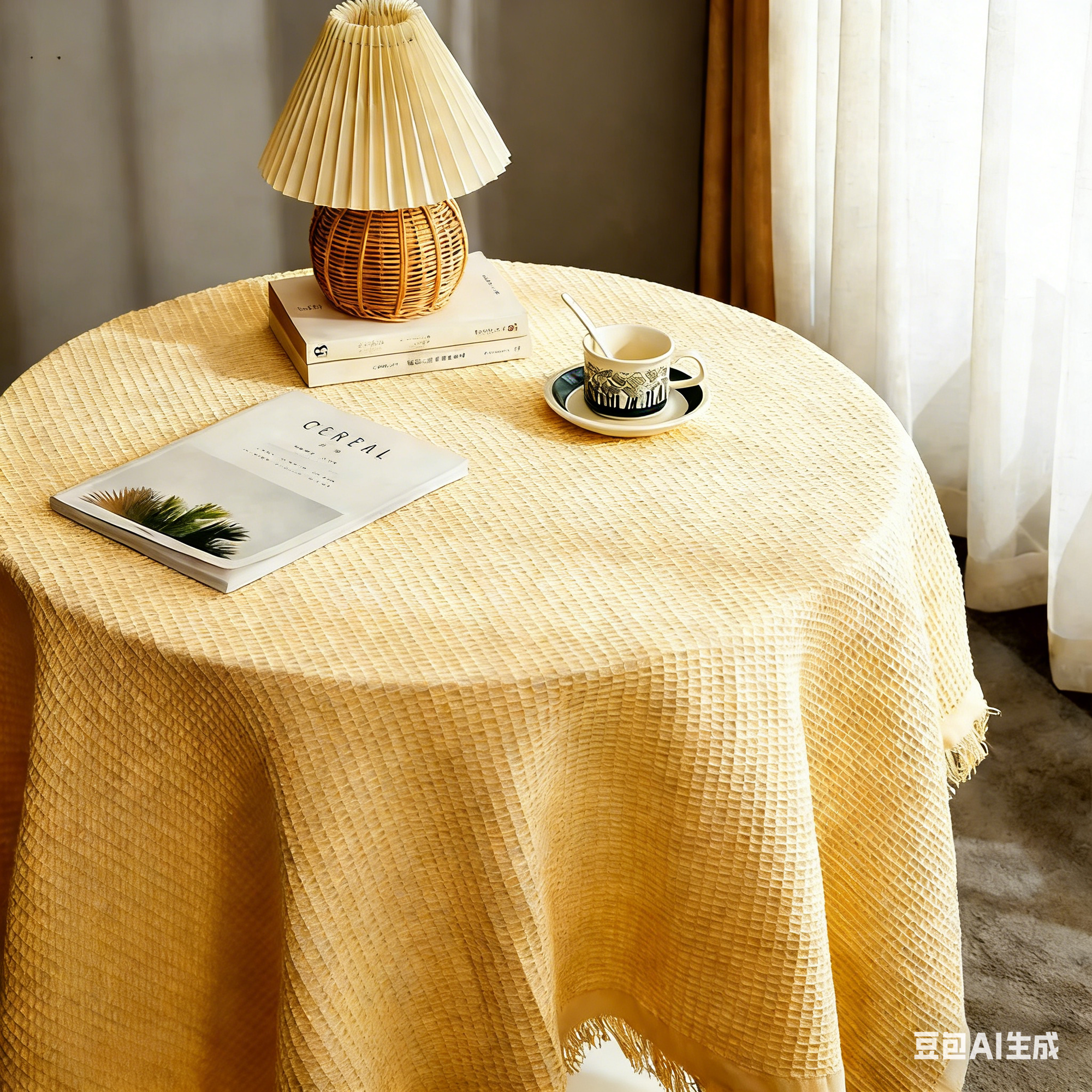 Круглая скатерть из хлопка и льна, round table，90X90cm，бежевый