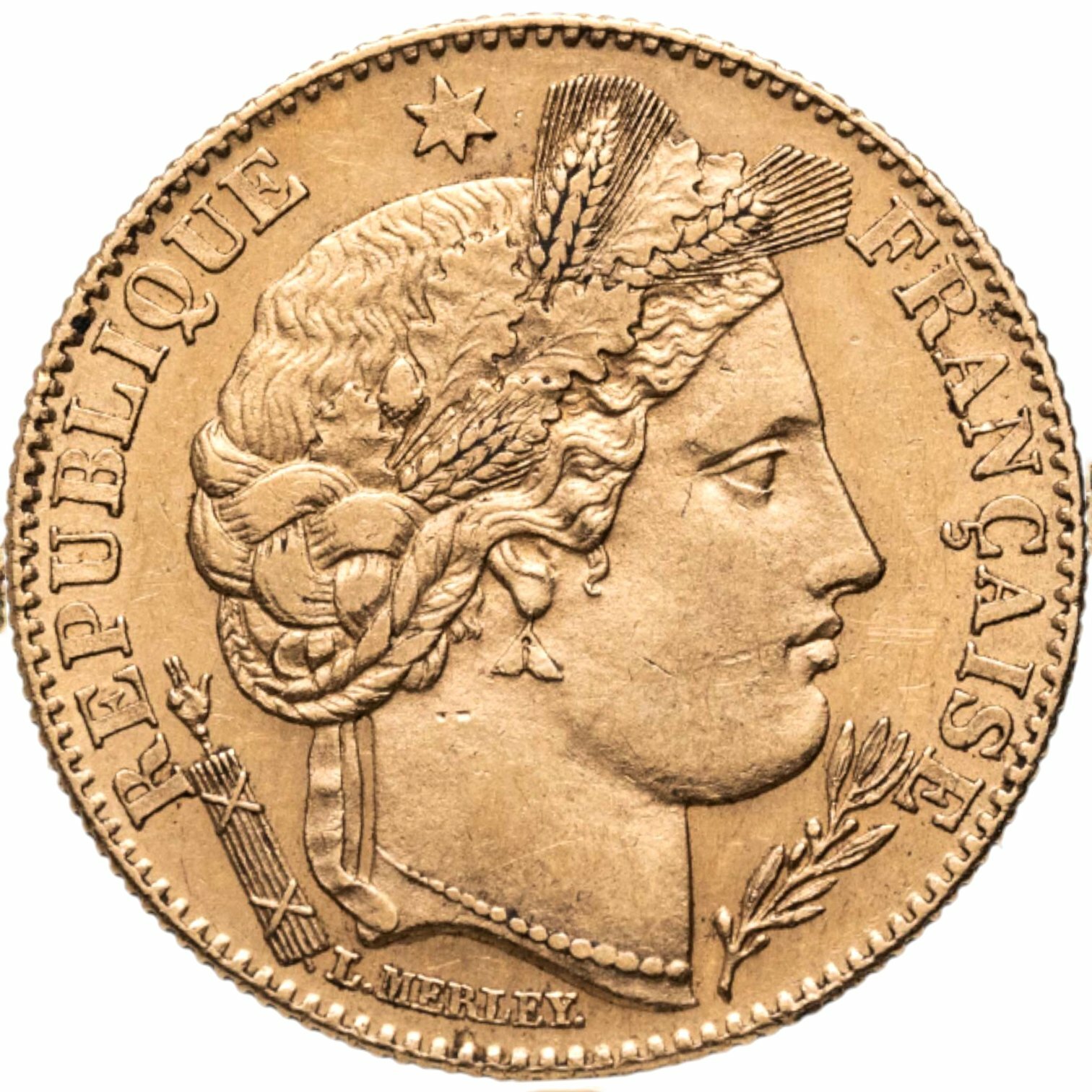 Франция 10 франков francs 1899 "A", Золото 900, в сохранности AU-UNC