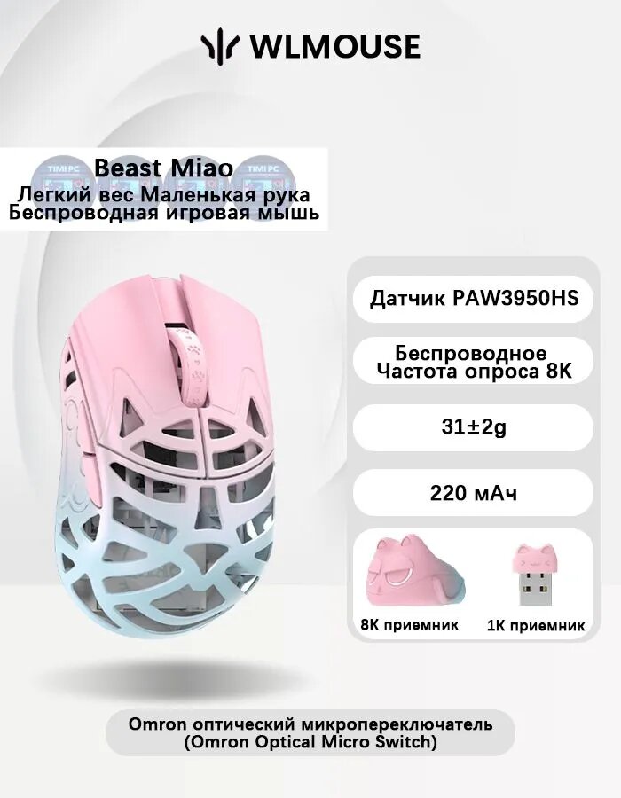 Wlmouse Игровая мышь беспроводная, розовый, голубой