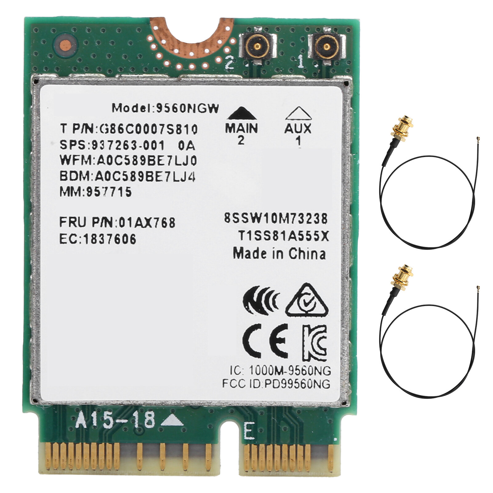 Беспроводная сетевая карта Bluetooth 5.0 802.11ac M.2 Wi-Fi адаптер 9560NGW 1730 Мбит/с с внешними антенными кабелями (2 шт.)