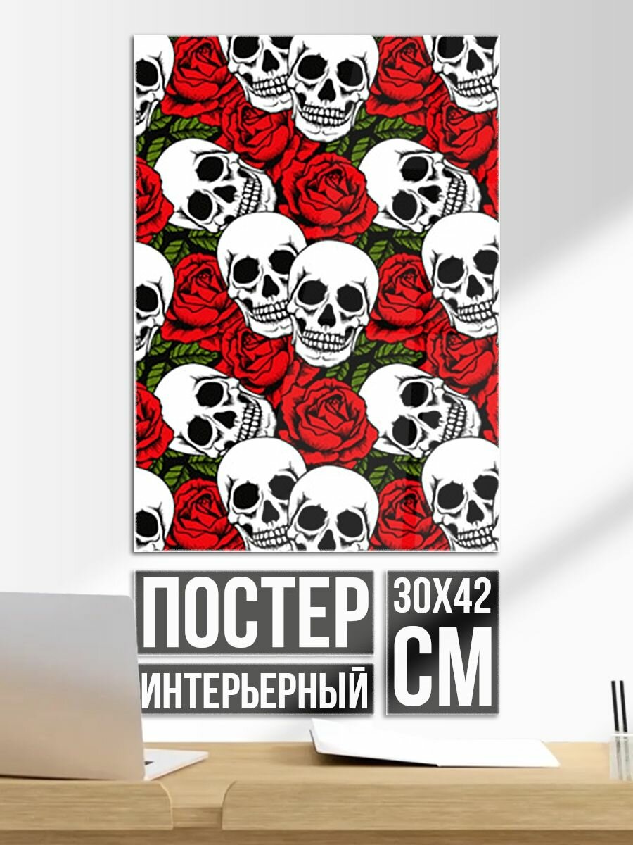 Постер на стену Черепа в розах