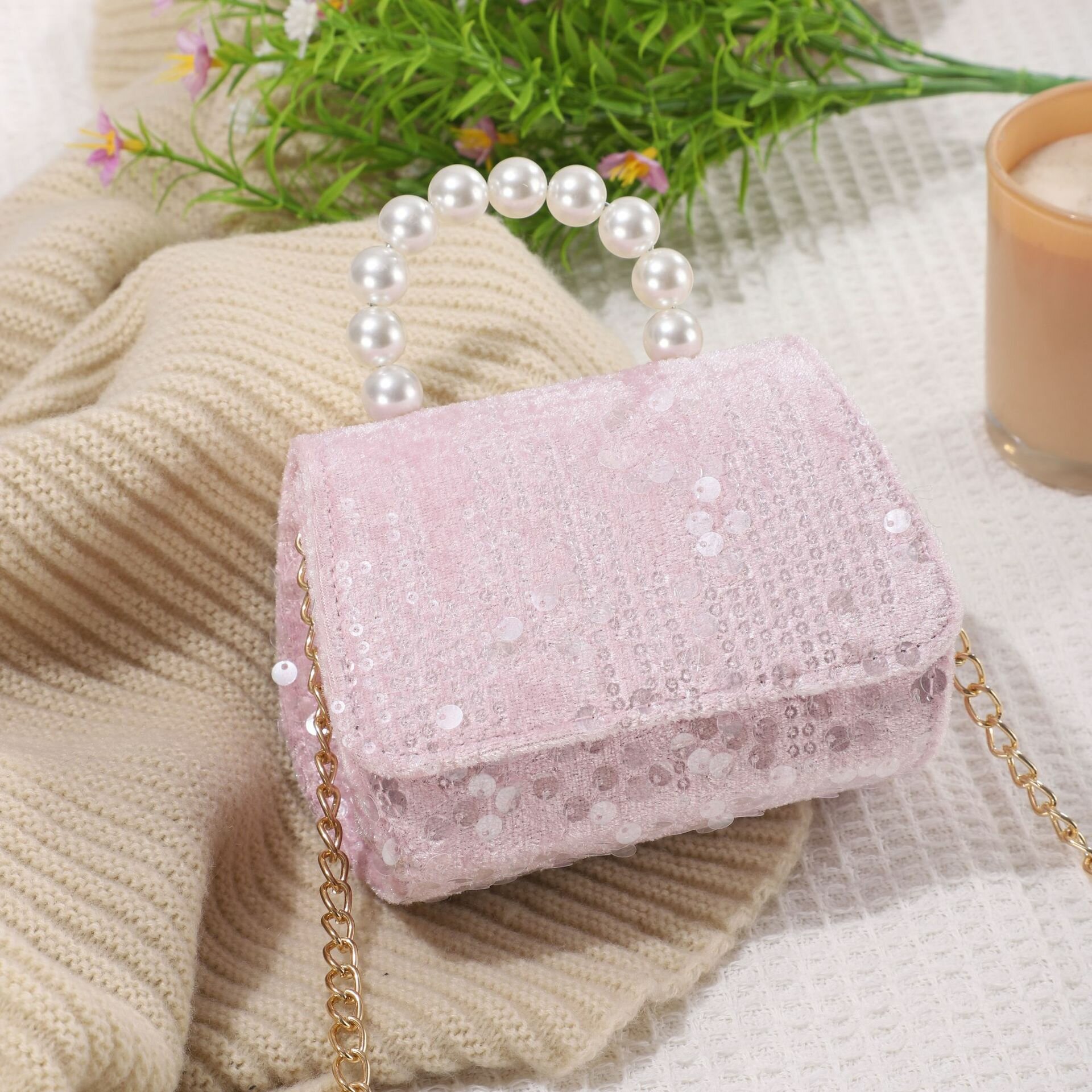 Осень Зима Новая мода Сумка из шерсти с пайетками для девочек Стильная сумка с жемчугом Сумка через плечо Сумка с магнитной застежкой