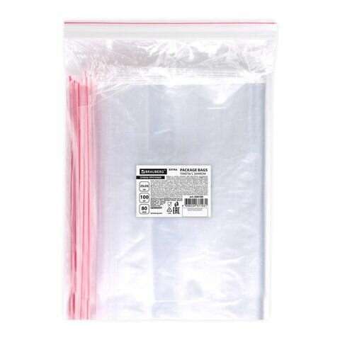 Пакеты ZIP LOCK "зиплок" очень прочные, комплект 100 шт, 250х350 мм, ПВД 80 мкм, BRAUBERG EXTRA, 608180