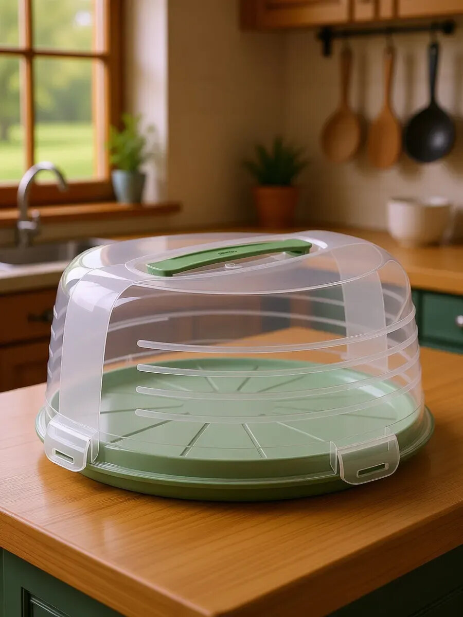 Тортовница круглая с крышкой и ручкой Curver CHEF & HOME, зеленая