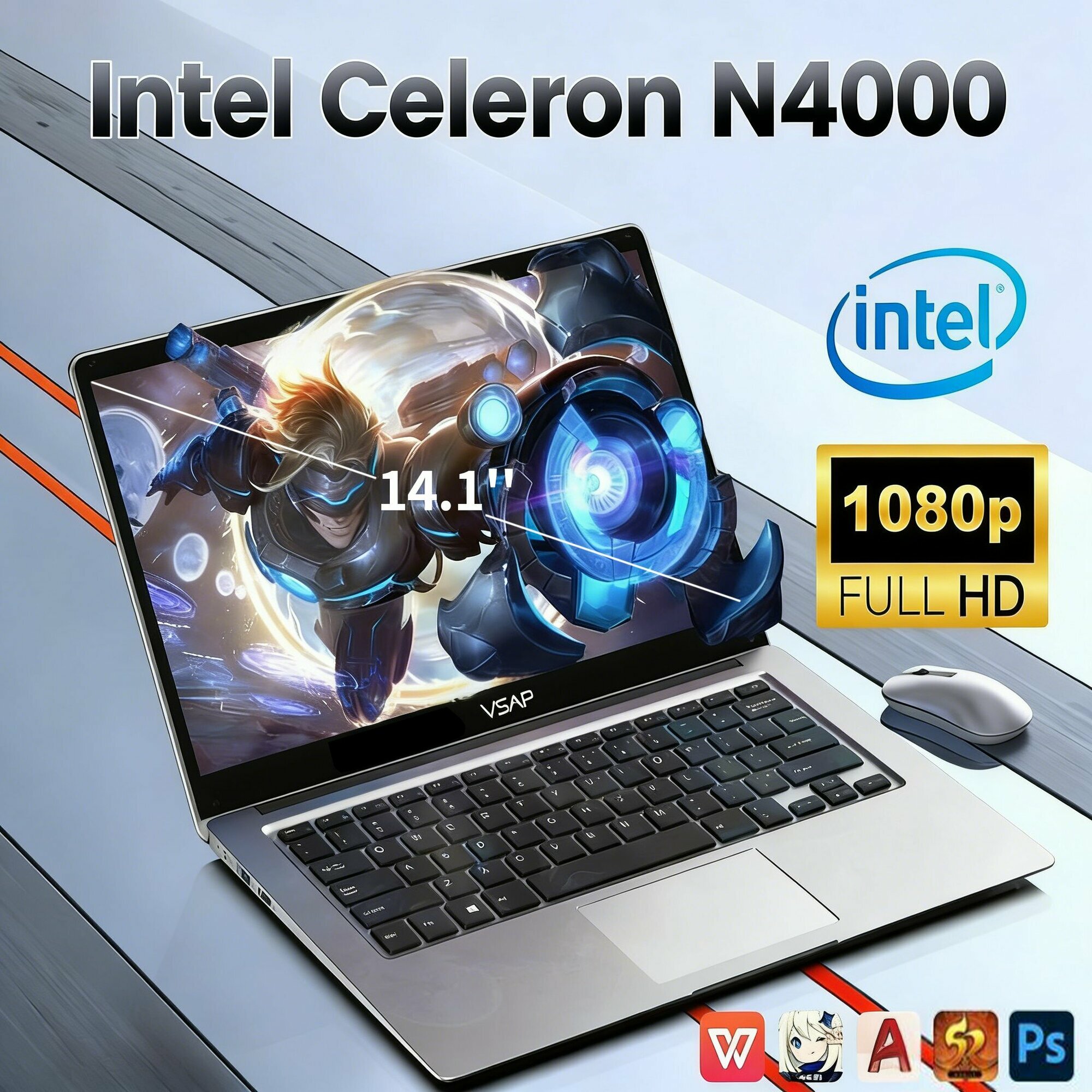 Игровой ноутбук "N4000", Windows 10, IPS, 8GB RAM, 256GB SSD, чёрный
