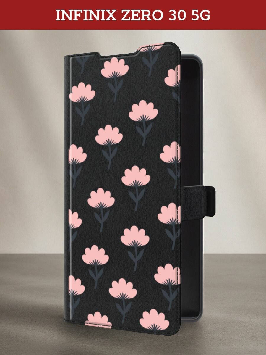 Чехол-книжка на Infinix Zero 30 5G / Инфиникс Зеро 30 5G с принтом Паттерн облачные цветы, черный