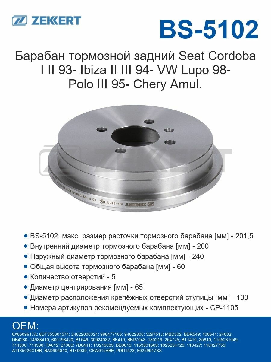 Барабан тормозной задний Seat Cordoba I II 93- Ibiza II III 94- VW Lupo 98- Polo III 95- Chery Amul.