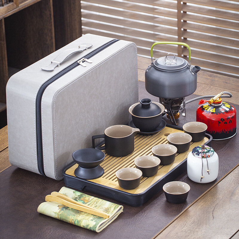 Набор для чая для путешествий на открытом воздухе, полный черный керамический автомобильный кунг-фу чайник, оборудование для кемпинга, портативная сумка, оптовая продажа